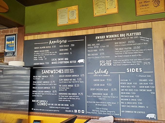 A menu board that reads like barbecue poetry. Each item promises a different journey into smoke-kissed perfection that'll haunt your taste buds for days.