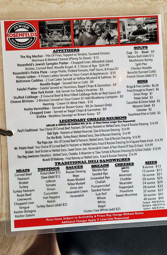 This menu isn't just a list&mdash;it's a love letter to Jewish deli tradition. Pro tip: Everything after "Legendary Grilled Reubens" deserves your undivided attention.