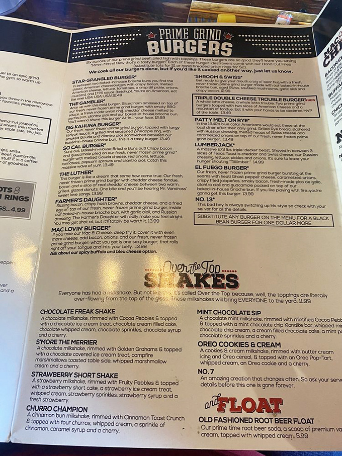 Reading this menu is like finding the map to a culinary treasure hunt. Each burger promises its own adventure in flavor country.