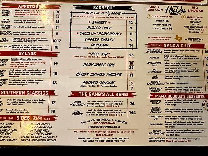 This menu isn't just a list&mdash;it's a declaration of smoked meat independence. The "Gang's All Here" platter is basically a carnivore's vision board.