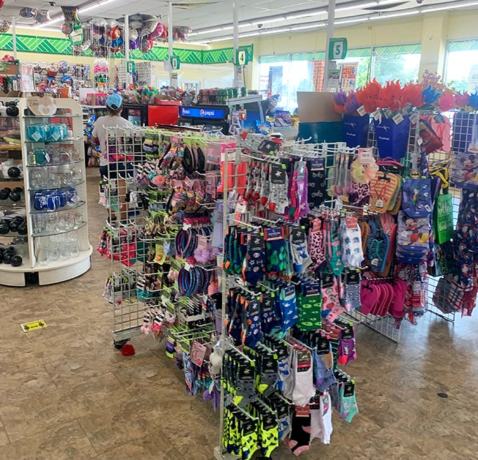 It's a rainbow explosion of budget-friendly bliss! From socks to party supplies, this aisle is a treasure trove for the thrifty and creative alike.