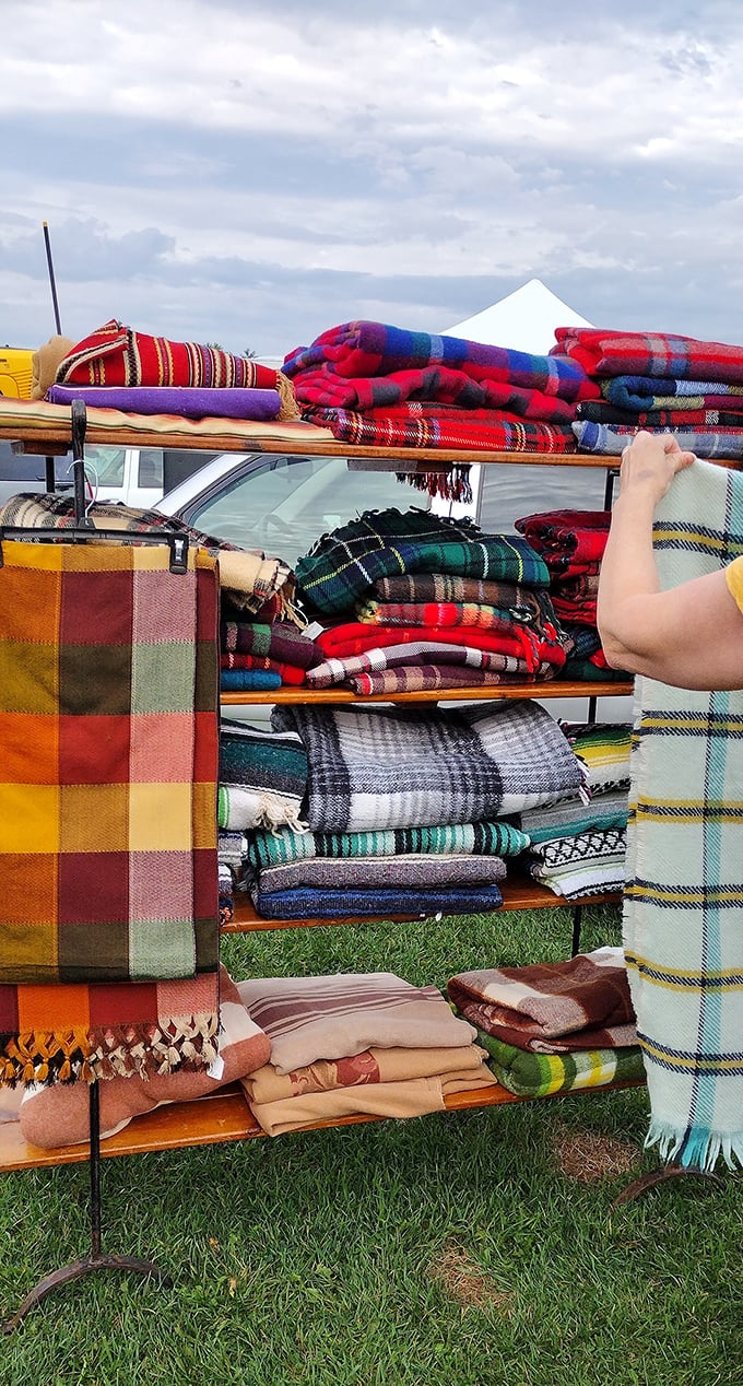 Cozy up to this rainbow of warmth! These vintage blankets are like wearable hugs from decades past. Perfect for chilly nights or impromptu picnics.
