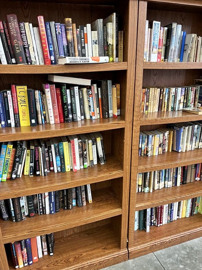 A bibliophile's dream corner where literary treasures cost less than a fancy coffee. That hardcover you've been meaning to read? It's probably here.