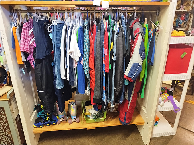 A rainbow of retro fashion awaits! From plaid shirts to funky jackets, this rack is a time machine for your wardrobe.