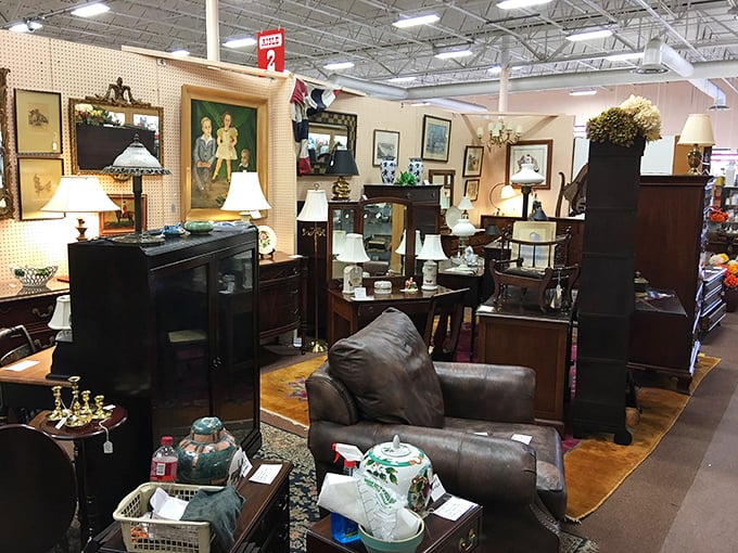 Grandma's living room or vintage showroom? This furniture display blurs the line between cozy memories and stylish finds.
