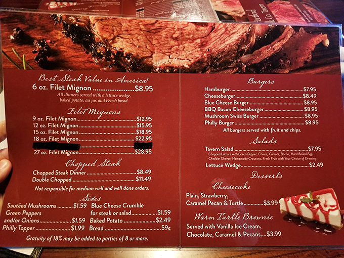 A menu that reads like a love letter to beef enthusiasts. With prices this reasonable, your wallet might just send a thank-you note to your stomach.