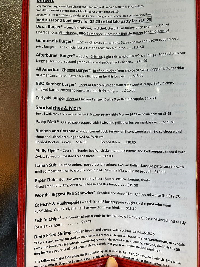This menu is your passport to culinary adventure. From "Afterburner Burgers" to "Fish 'n Chips," each dish is cleared for gastronomic liftoff!