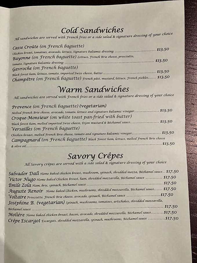 This menu isn't just a list; it's a passport to flavor town. From Croque-Monsieur to Cr&ecirc;pe Escargot, each dish is a mini vacation for your taste buds.