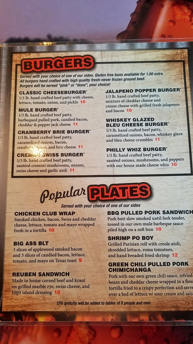 Behold, the menu of dreams! From classic cheeseburgers to the intriguing "Cranberry Brie Burger," it's a carnivore's paradise that would make Ron Swanson proud.