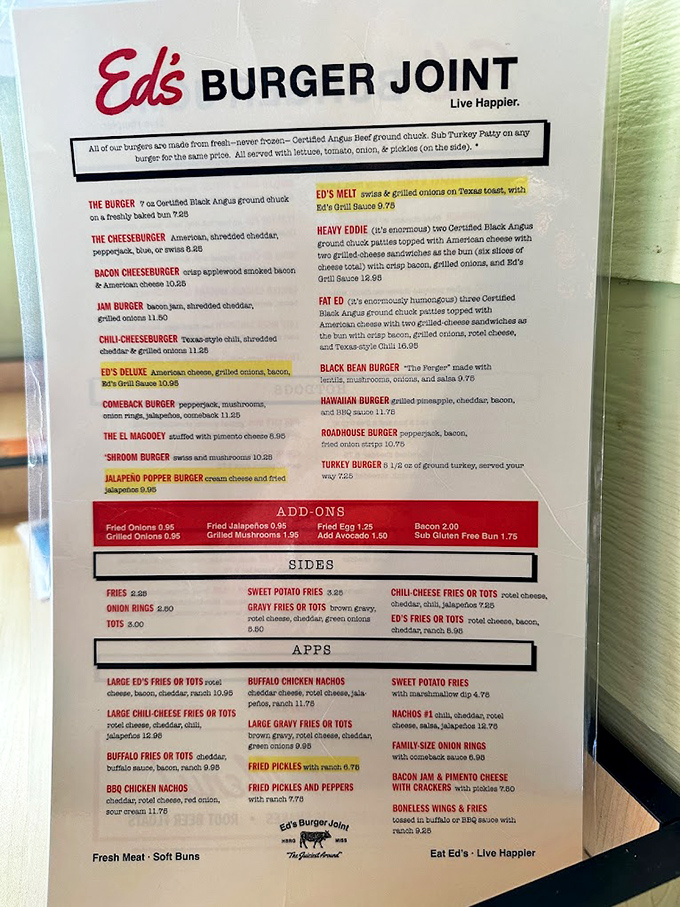 Ed's menu: Where indecision meets deliciousness. It's like choosing your favorite child, if your children were made of beef and cheese.