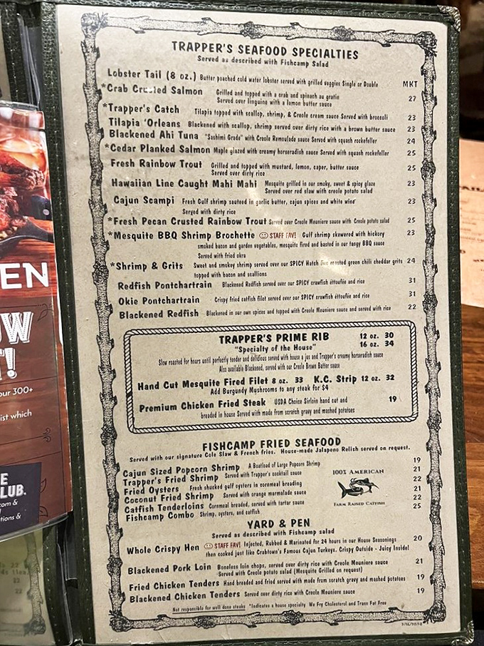A menu that reads like a treasure map of flavor. From seafood specialties to prime rib perfection, Trapper's offerings are enough to make Captain Ahab hang up his harpoon.