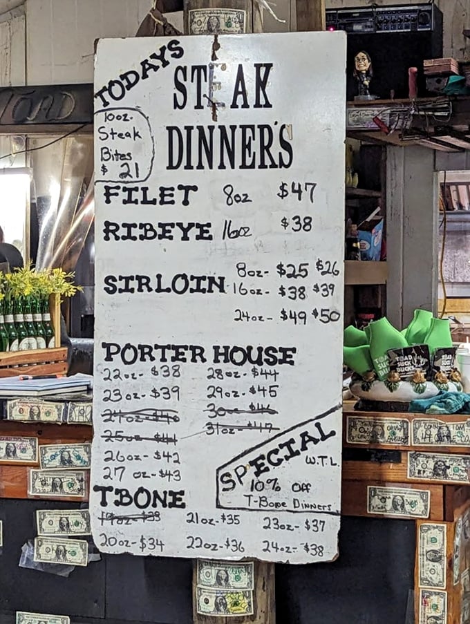 Steak lovers, rejoice! This menu board is a carnivore's dream come true. From filets to T-bones, your taste buds are in for a rodeo.