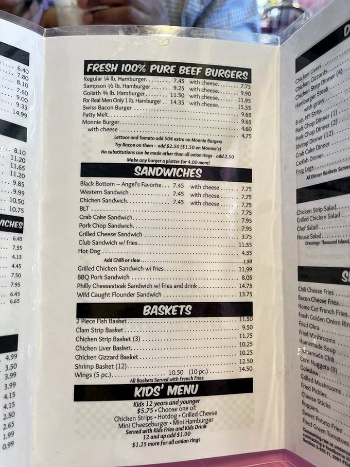 Decisions, decisions! This menu is a carnivore's dream come true, offering everything from the humble hamburger to the mighty "For Real Men Only" 1 lb. behemoth.
