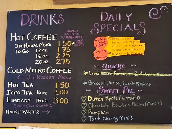 Decisions, decisions! This menu board is a treasure map of taste, guiding you to caffeinated bliss and pie-fection. Choose your own delicious adventure!