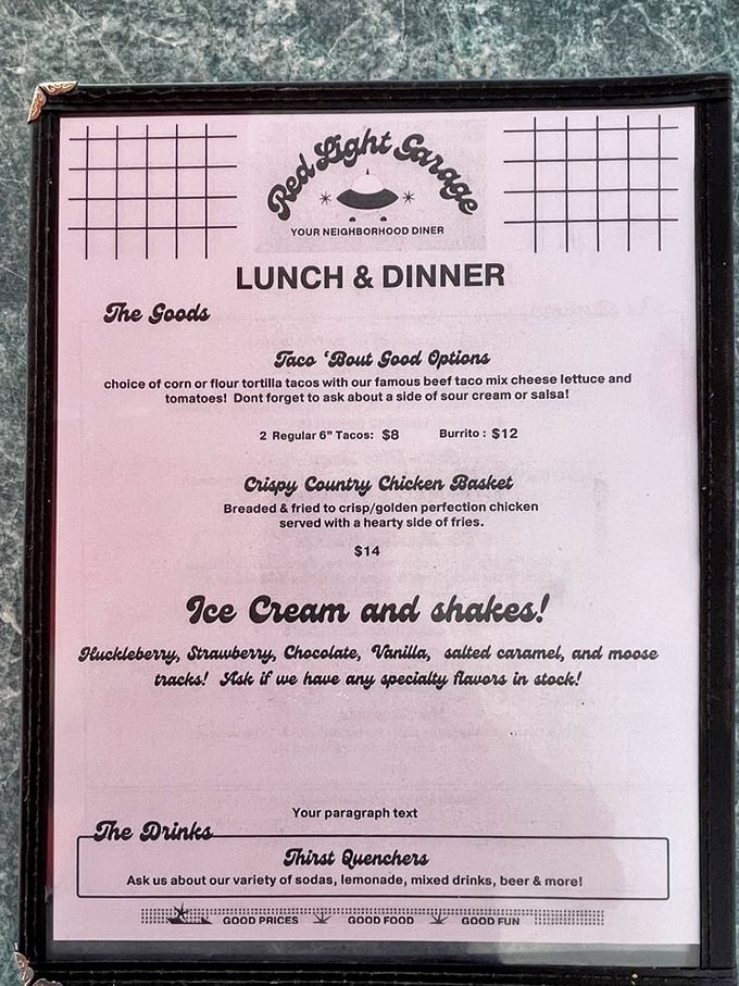 Decisions, decisions! This menu is like a greatest hits album of comfort food classics. From tacos to shakes, it's a culinary trip down memory lane.