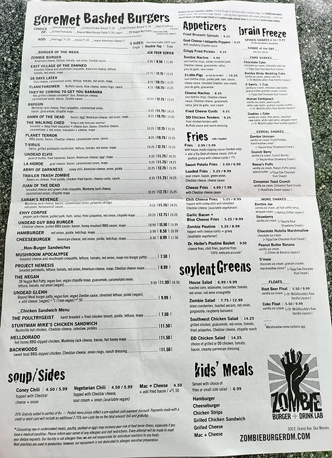 Behold the menu of monstrous proportions! From "goremet" burgers to "brain freeze" shakes, each item is a delicious dare waiting to be conquered.