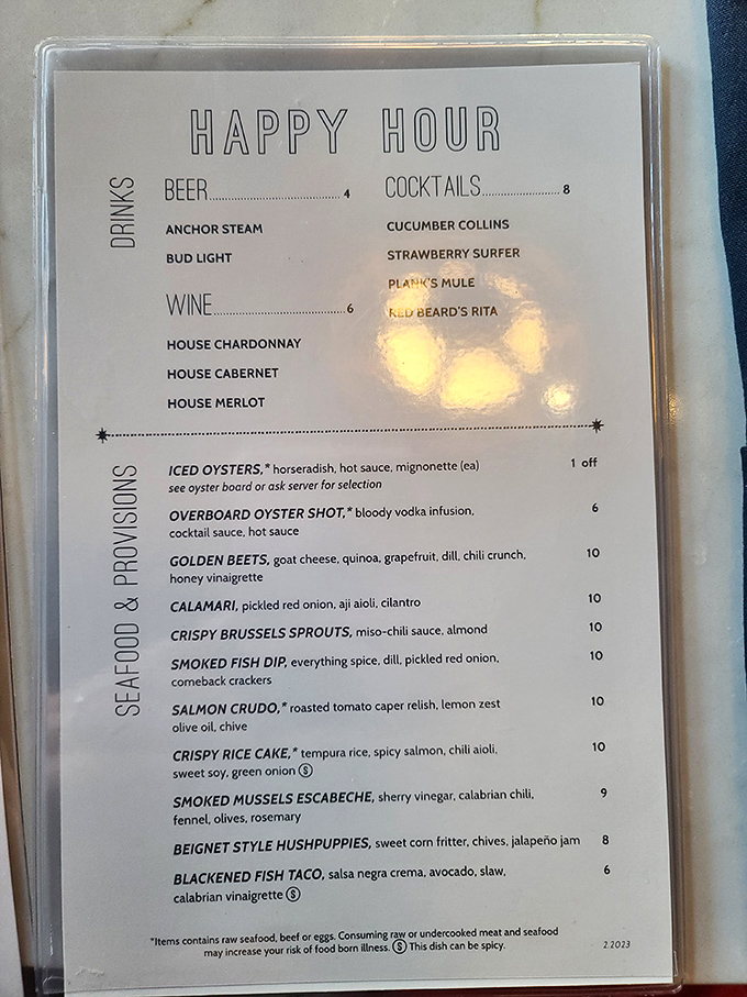 Happy hour heaven! This menu is a treasure map of oceanic delights. Pro tip: The Overboard Oyster Shot is like a tiny party for your taste buds.
