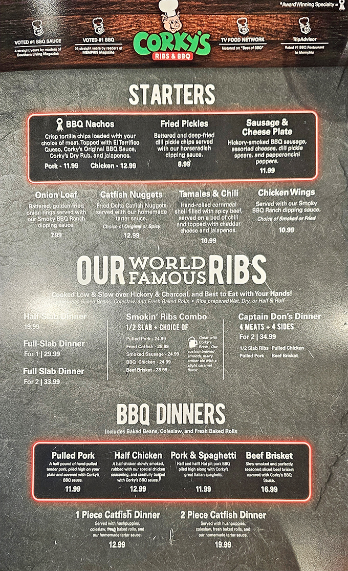Decisions, decisions! Corky's menu is a treasure map of taste, guiding you through a mouthwatering maze of Memphis barbecue classics.