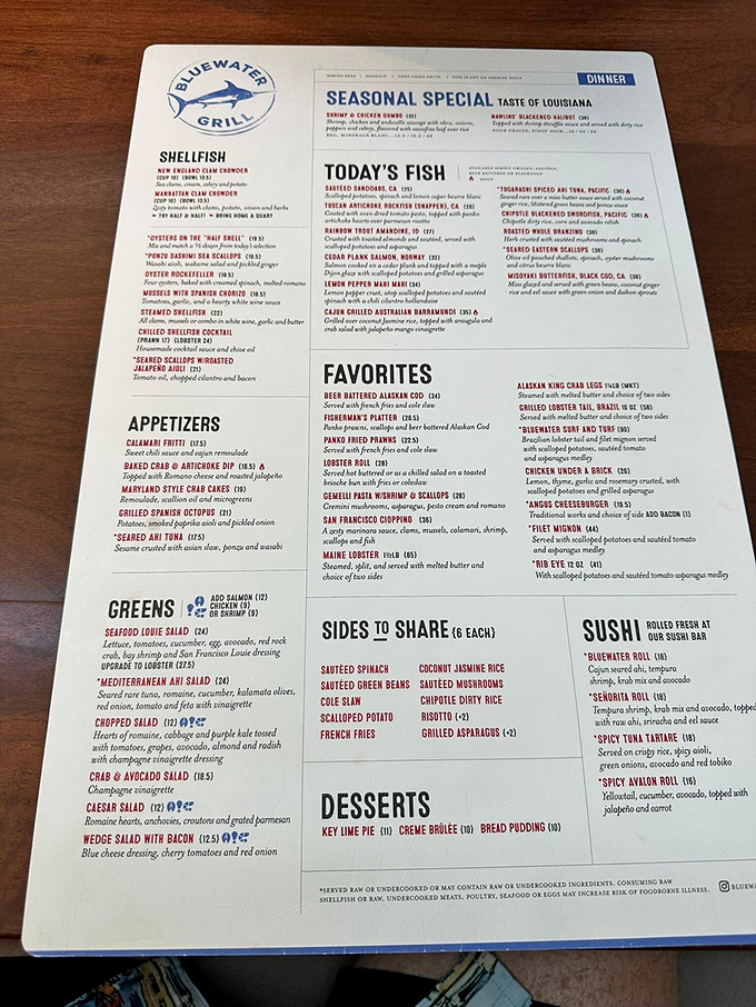 This menu is a treasure map for seafood lovers. X marks the spot for everything from oysters to sushi rolls. Ahoy, delicious adventures ahead!