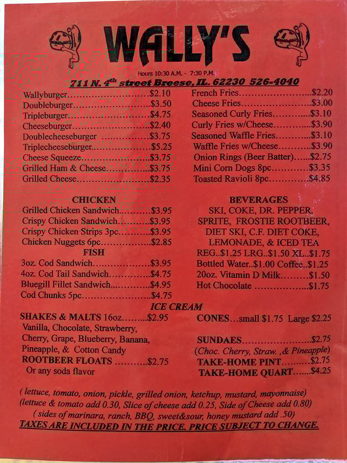 Menu madness! From Wallyburgers to root beer floats, this red menu board is a roadmap to comfort food paradise.