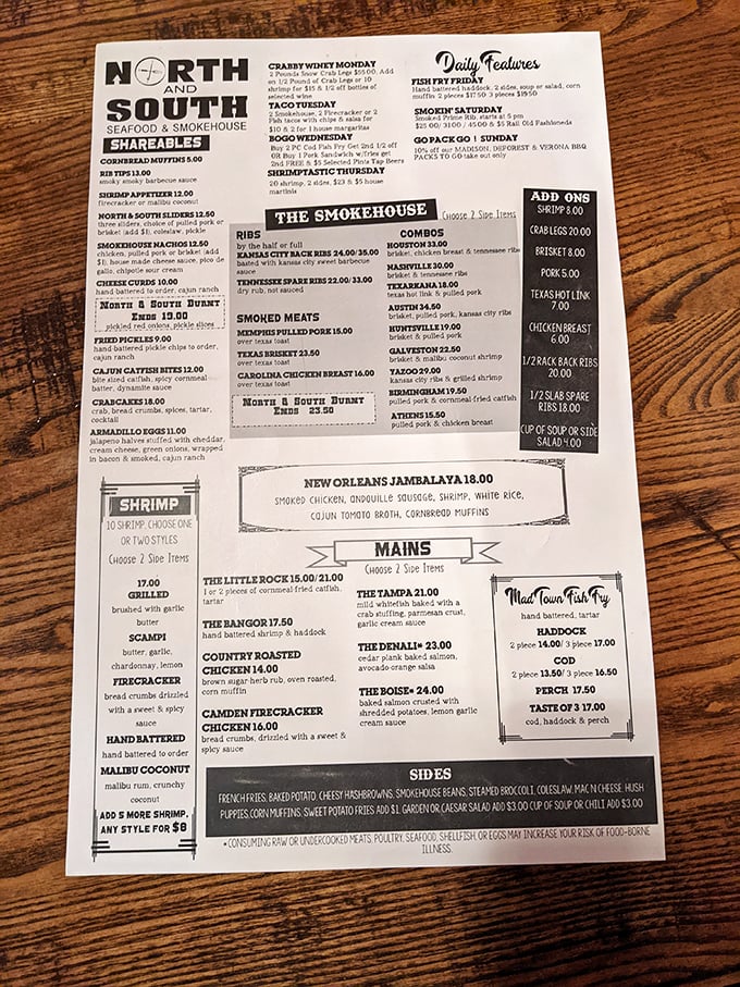 A menu that reads like a love letter to both land and sea. From "Crabby Winey Monday" to "Fish Fry Friday," every day's a culinary adventure.