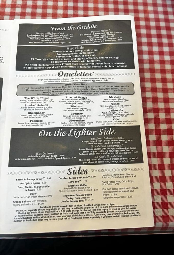 Decisions, decisions! This menu is a roadmap to culinary bliss, offering everything from griddle classics to "lighter side" options for the calorie-conscious adventurer.