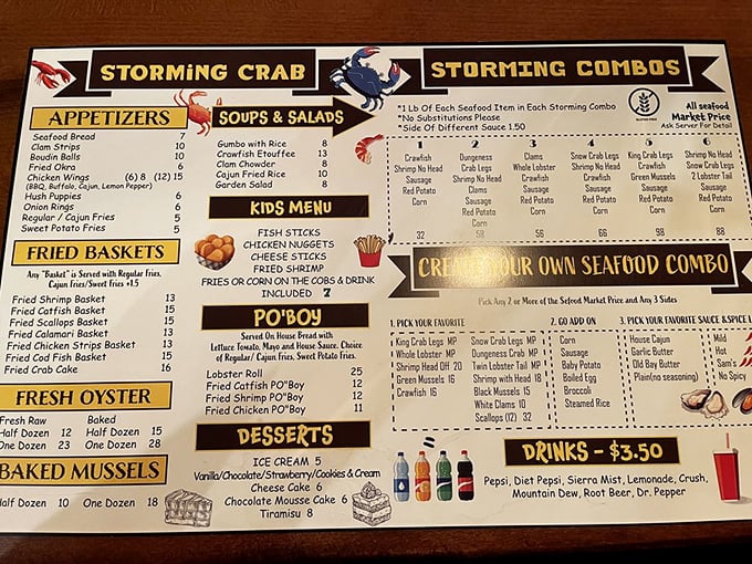 The menu: a treasure map of culinary adventures. From Cajun-spiced treasures to fried delights, it's a feast fit for King Neptune himself.