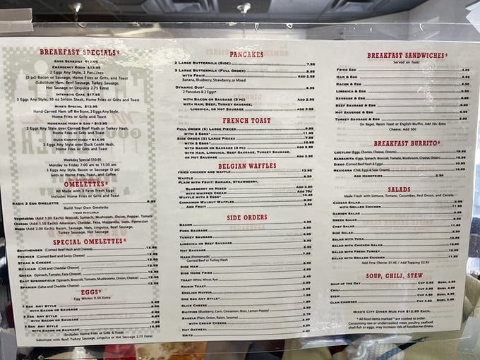 A menu that reads like a love letter to breakfast. From "Hungry Man" to "Belgian Waffles," each item promises a culinary adventure.