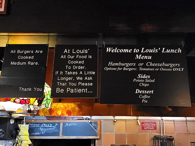 Simplicity is the secret sauce here. The menu at Louis' Lunch is shorter than a haiku, but twice as satisfying.