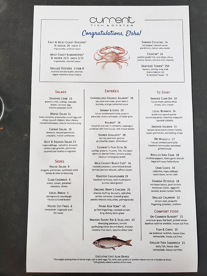 This menu isn't just a list; it's a siren song of seafood delights. Warning: May cause spontaneous drooling and uncontrollable ordering.