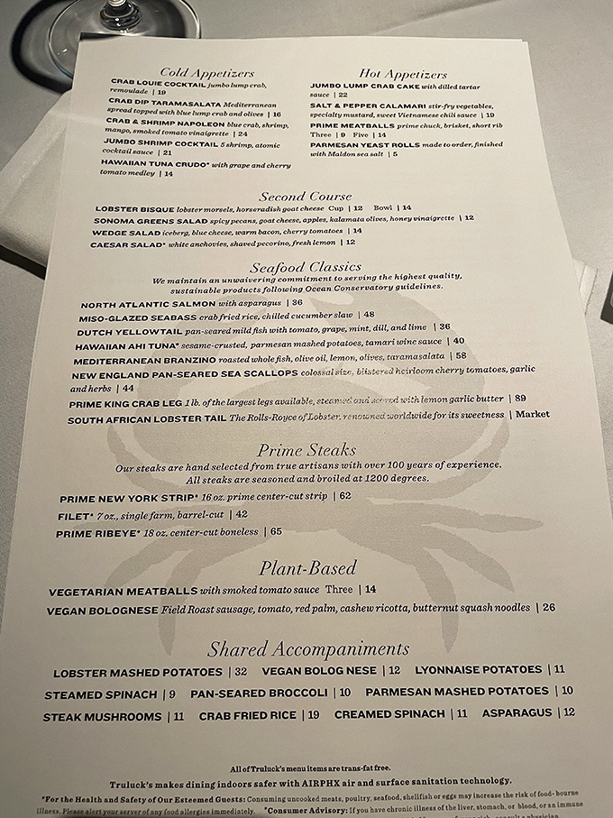 A menu that reads like a love letter to the ocean. From crab louie to south African lobster, Truluck's offerings are a siren song for seafood lovers.