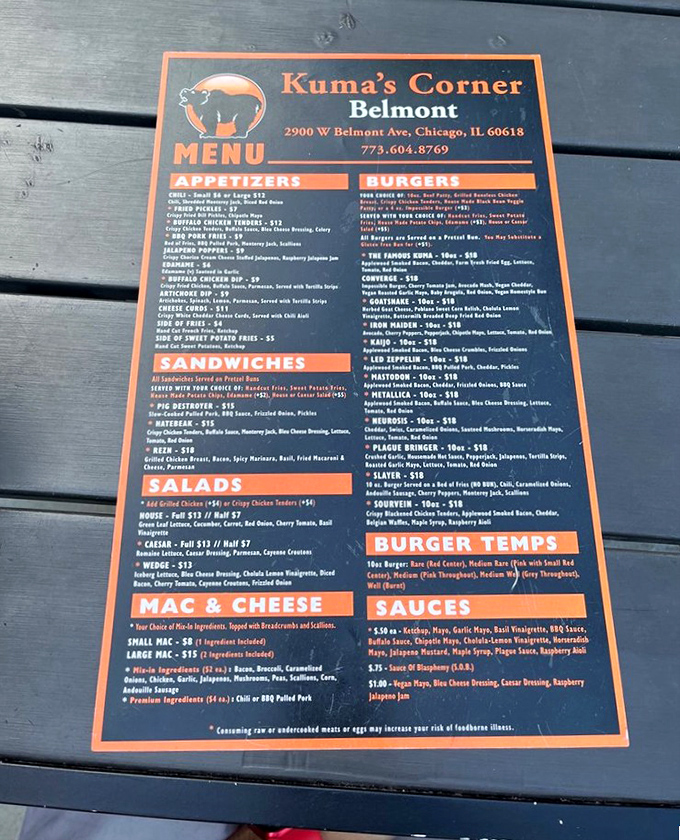 A menu that rocks harder than your favorite guitar solo! Kuma's offerings read like a who's who of metal legends.