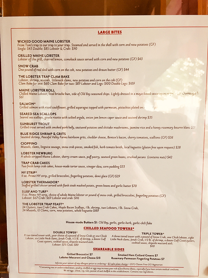 Decisions, decisions! This menu is a treasure map of oceanic delights. From "Wicked Good Maine Lobster" to "Blue Ridge Shrimp & Grits," every choice is an adventure.