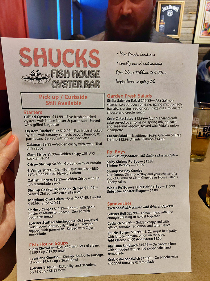 A menu that reads like a love letter to the sea. From oysters to po' boys, it's a treasure map of oceanic delights.