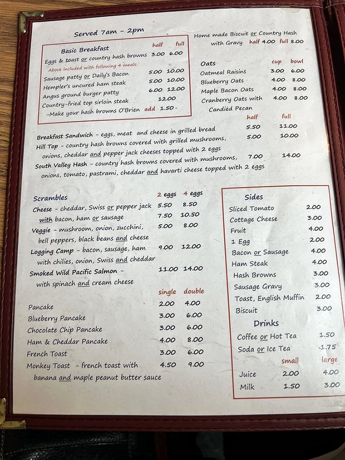 Behold, the sacred text of breakfast lovers! This menu is like a roadmap to deliciousness, with every turn leading to satisfaction.