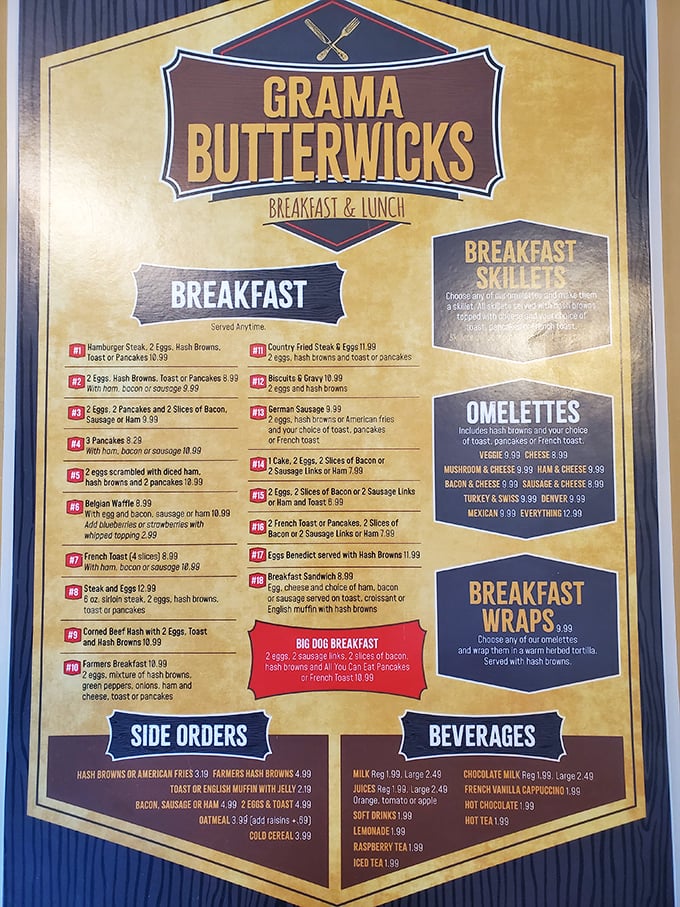 Behold, the sacred text of breakfast! This menu is like a roadmap to happiness, with every path leading to deliciousness. Choose your own adventure, but remember - calories don't count here.