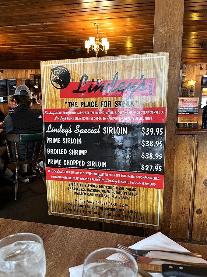 Behold, the sacred text of steak lovers! This menu is shorter than a haiku but speaks volumes about Lindey's commitment to beefy perfection.