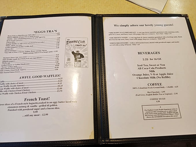 A menu that reads like a love letter to breakfast. From "Egg-stras" to "Awful Good Waffles," each dish promises a delicious adventure.