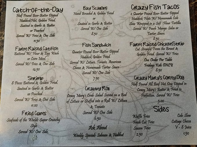 Decisions, decisions! This menu is a seafood lover's dream, offering everything from classic fish and chips to intriguing "Crazy Fish Tacos."