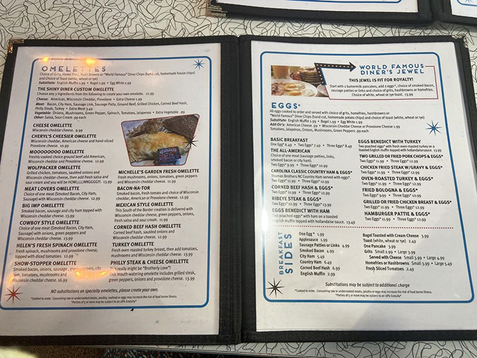 Decisions, decisions! This menu is like a greatest hits album of comfort food classics. From omelets to burgers, it's a culinary trip down memory lane.