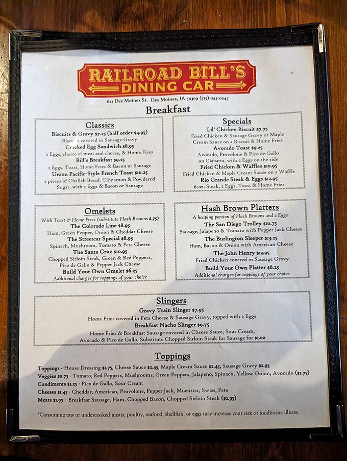 The menu: a roadmap to breakfast bliss. From classic omelets to adventurous "Slingers," every dish is a stop on this culinary adventure.