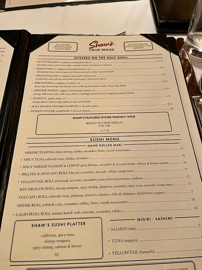 Ahoy, menu adventurers! Shaw's offerings read like a love letter to the sea. From oysters to sushi, it's a culinary voyage that'll have your taste buds singing "Under the Sea."