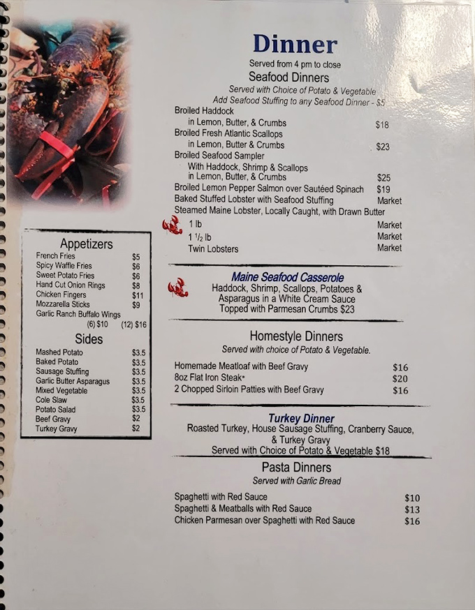 A menu that reads like a love letter to comfort food. From seafood to homestyle dinners, every page promises a delicious adventure.