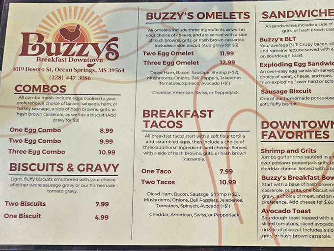 Behold, the sacred text of breakfast lovers! Buzzy's menu is a tantalizing treasure map, guiding hungry adventurers to their morning meal destiny.