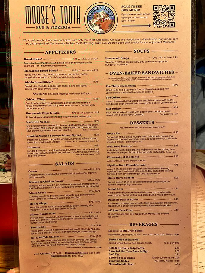 The menu at Moose's Tooth is like a treasure map for your taste buds. X marks the spot for deliciousness!