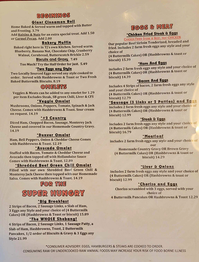 Behold, the sacred text of TJ's! This menu is a roadmap to comfort food nirvana, with more options than a Netflix queue on a rainy day.