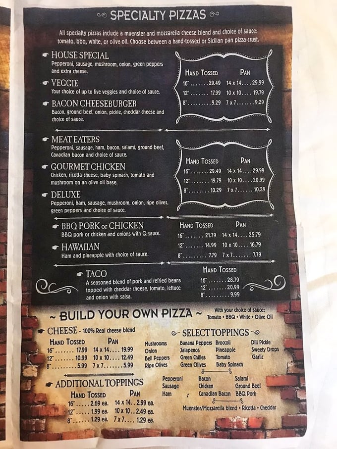 Behold, the sacred text of pizza lovers! This menu is a treasure map to flavor town, with each option more tempting than the last.