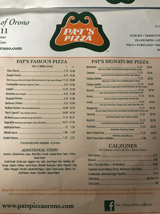 Behold, the sacred scrolls of saucy satisfaction! Pat's menu is a treasure map leading to untold riches of toppings and taste.