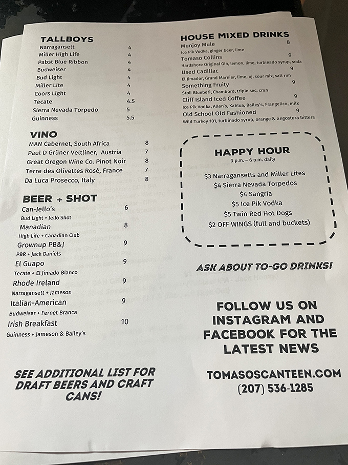 A menu that reads like a love letter to indulgence. From "Tallboys" to "Irish Breakfast," it's a culinary choose-your-own-adventure.