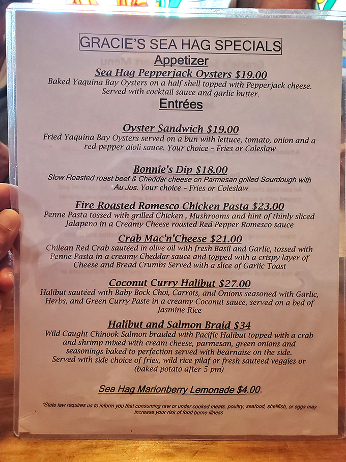 Menu, menu on the wall, who's the fairest seafood of them all? From Pepperjack Oysters to Coconut Curry Halibut, Gracie's specials are a siren song of oceanic delights.